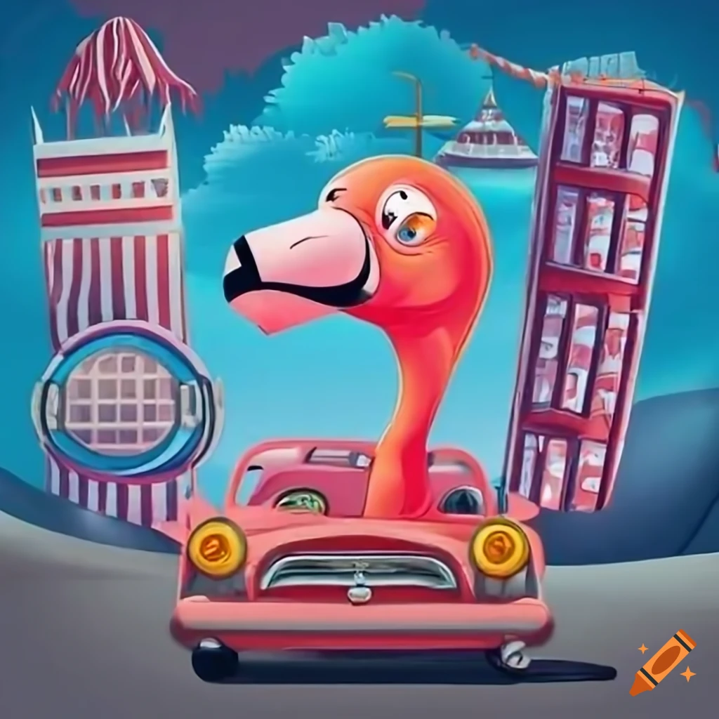 Cartoon flamingo in a car surrounded by unusual vehicles and surreal ...
