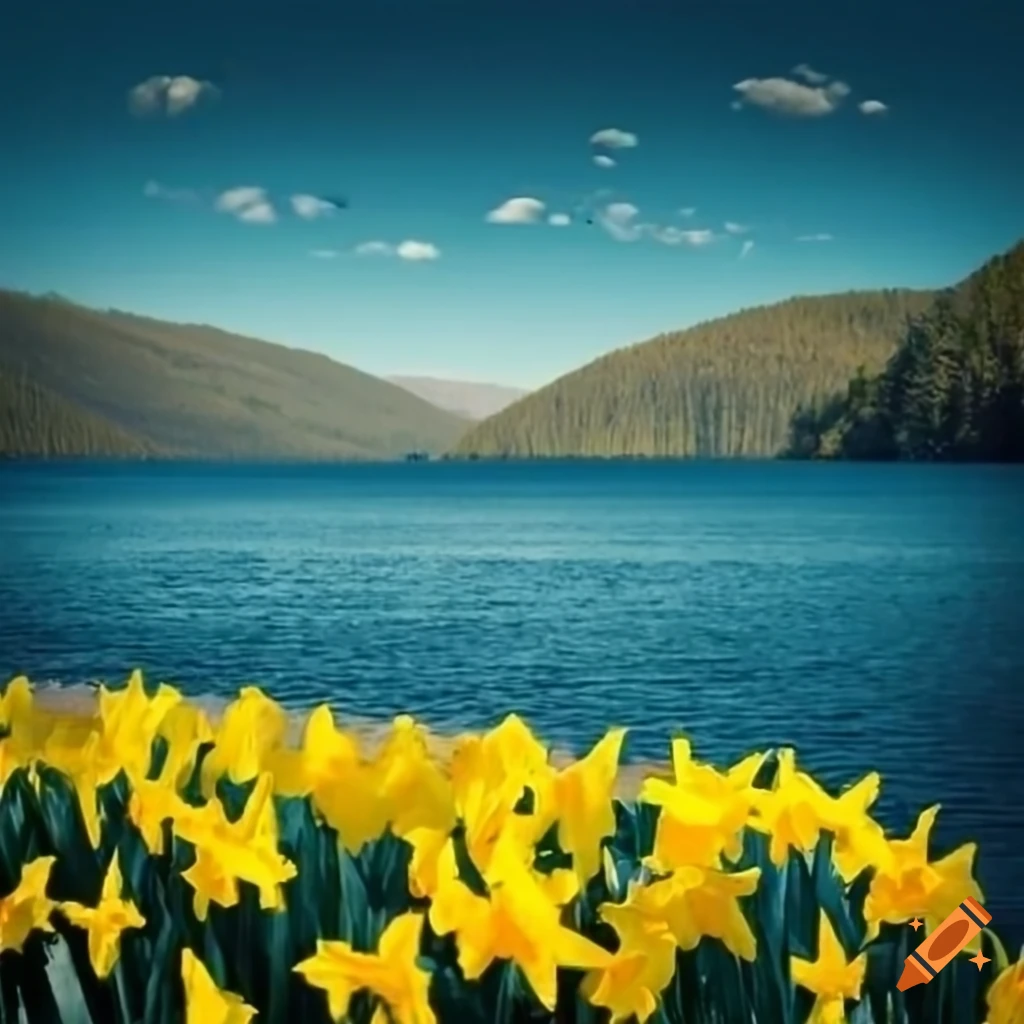 Golden daffodils fluttering and dancing beside a lake and beneath the ...
