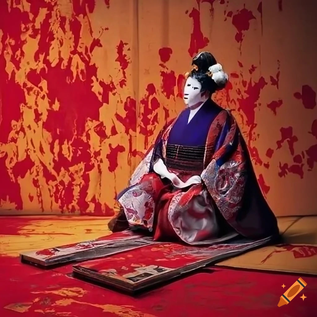 Kabuki-style costumes covered in red paint on the floor on Craiyon