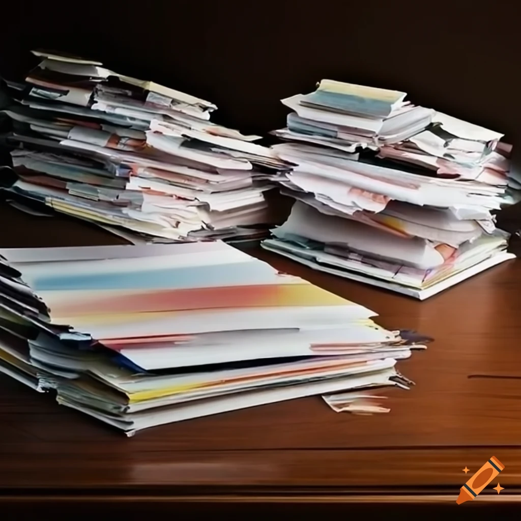 Hyper-realistic three piles of papers on a desk
