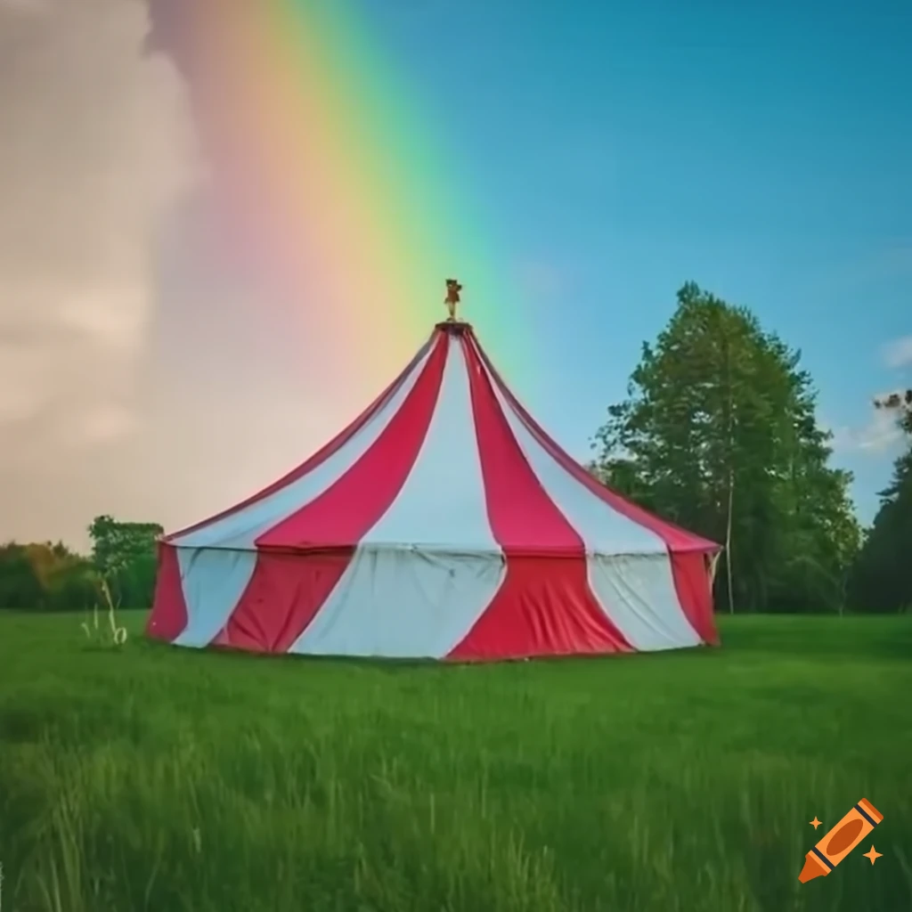 Colorful circus tents under a sunny sky with a rainbow in a meadow on ...
