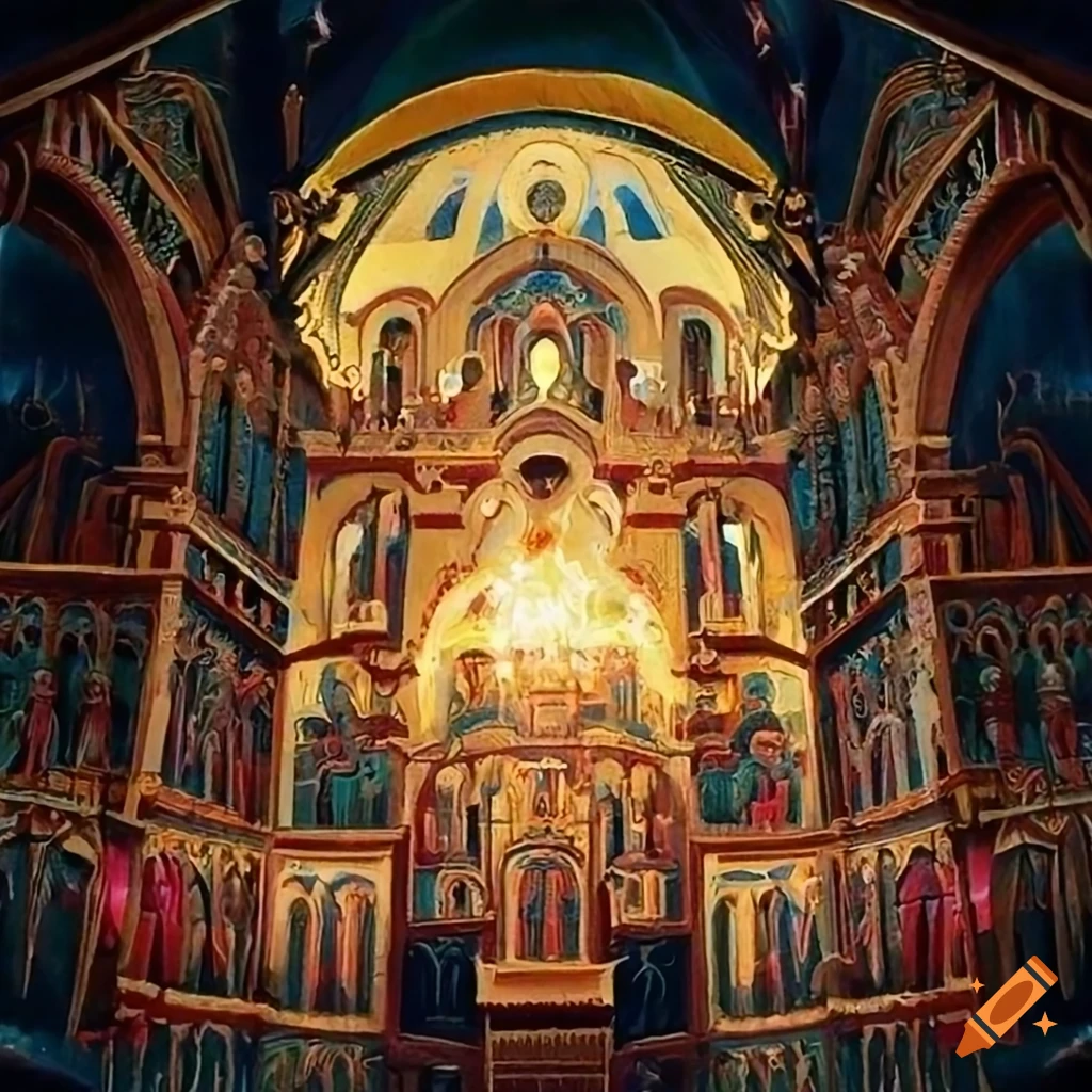 Old orthodox structure with icon of the creation and the bible pages on ...
