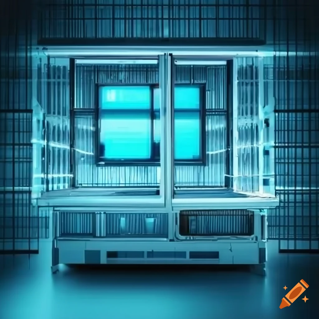 Futuristic research and development lab with a small cage and TV on Craiyon