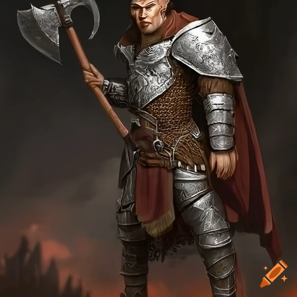Half-elf male warrior knight with a big axe and heavy armor