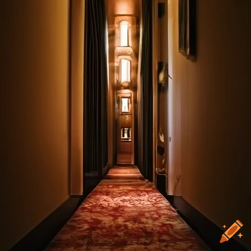 Dimly lit hallway with carpeted floor and tacky wallpaper on Craiyon