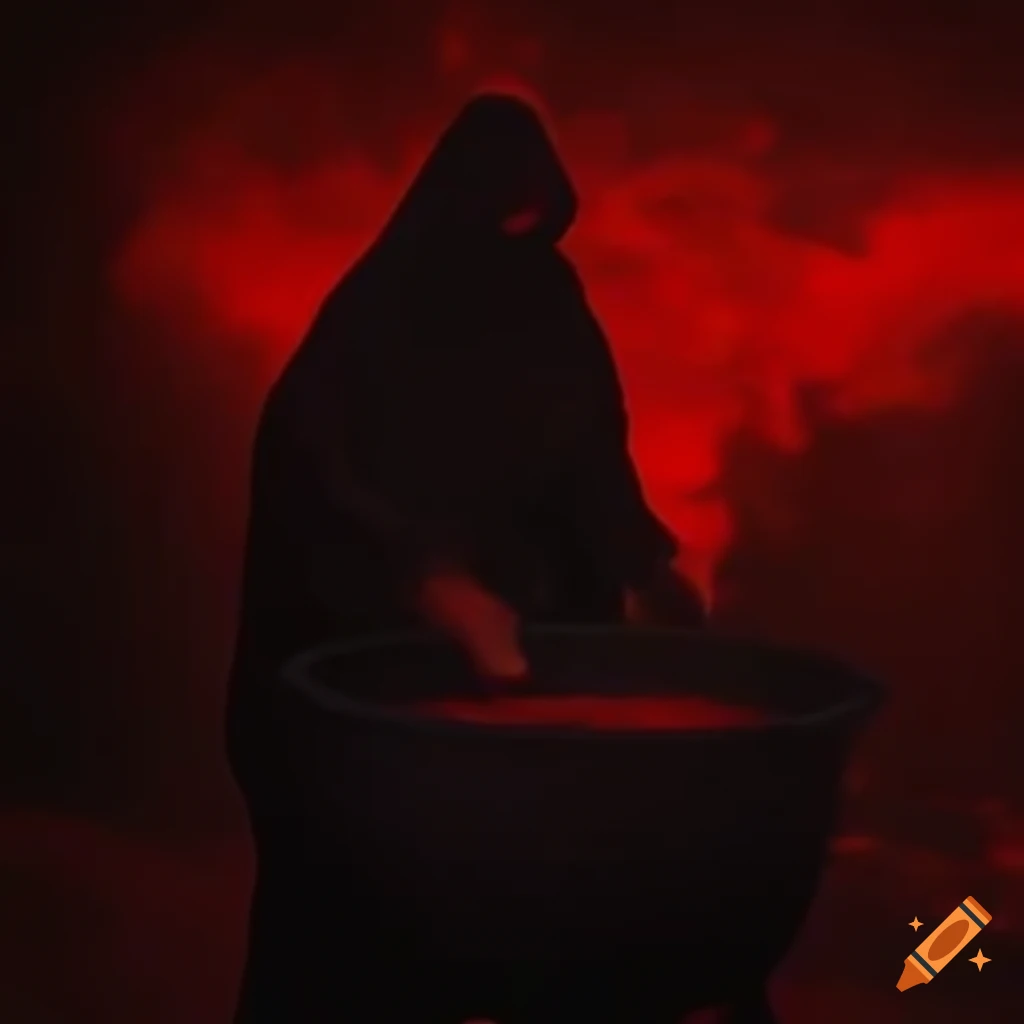 Mysterious figure stirring cauldron over fire with red liquid on Craiyon