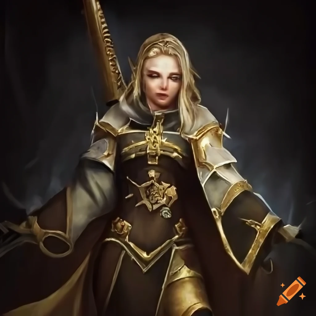 Blond ecclesiarchy priest woman in robes with a scroll