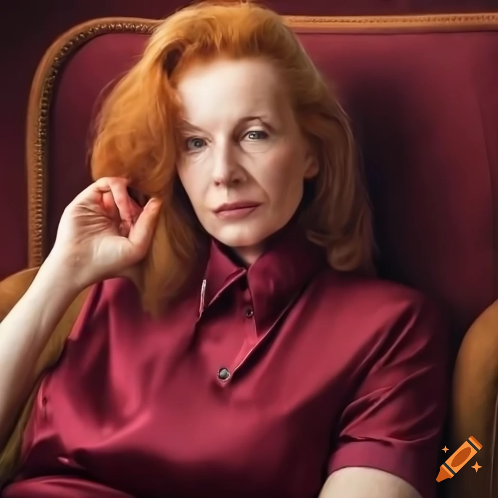 Mature woman with long ginger hair relaxing in a vintage style portrait ...