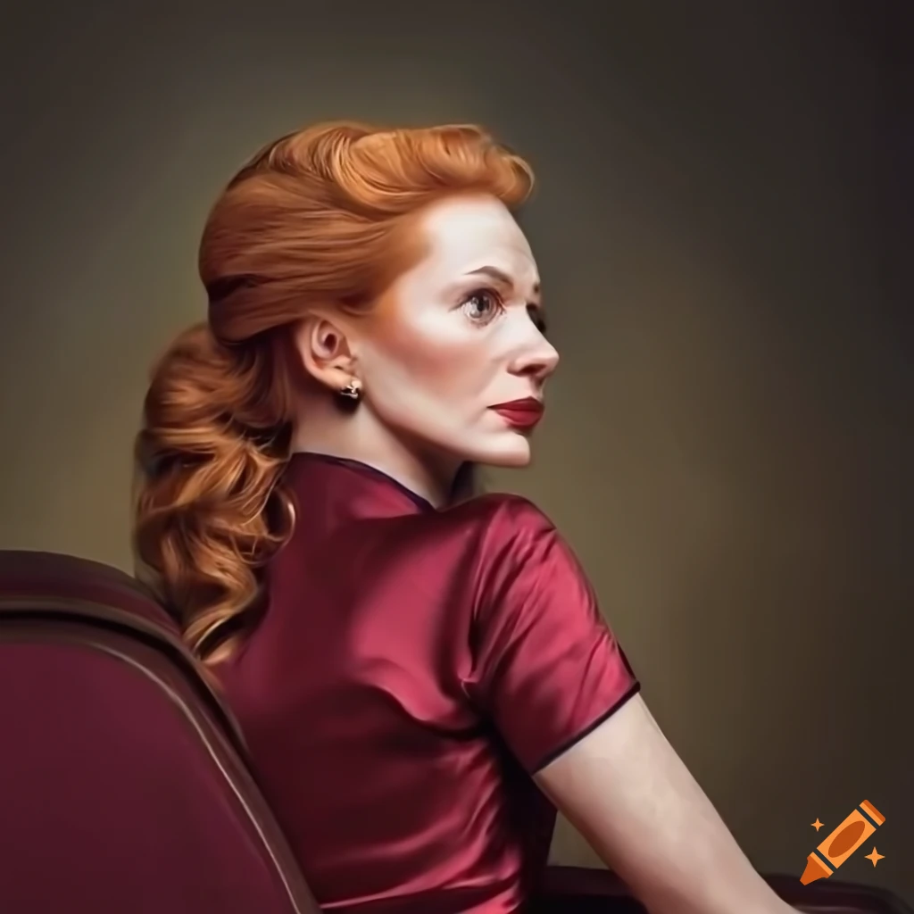 Elegant mature woman with long ginger hair in a vintage style portrait ...