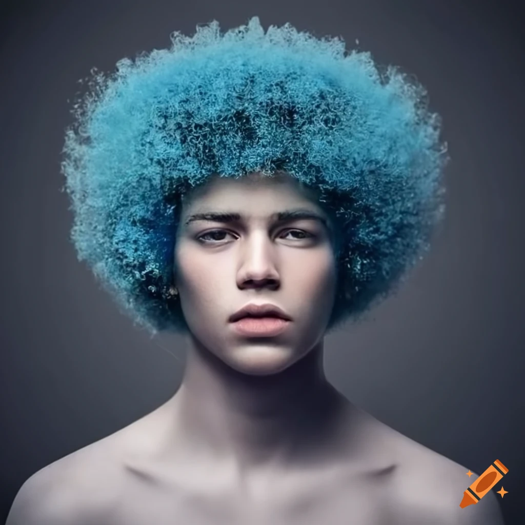 Man with blue afro haircut covered in ice and snow, front view on Craiyon