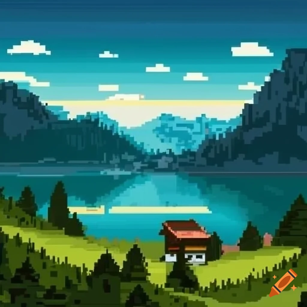 Pixel art of Swiss landscape with house, pine trees, lake, and ...