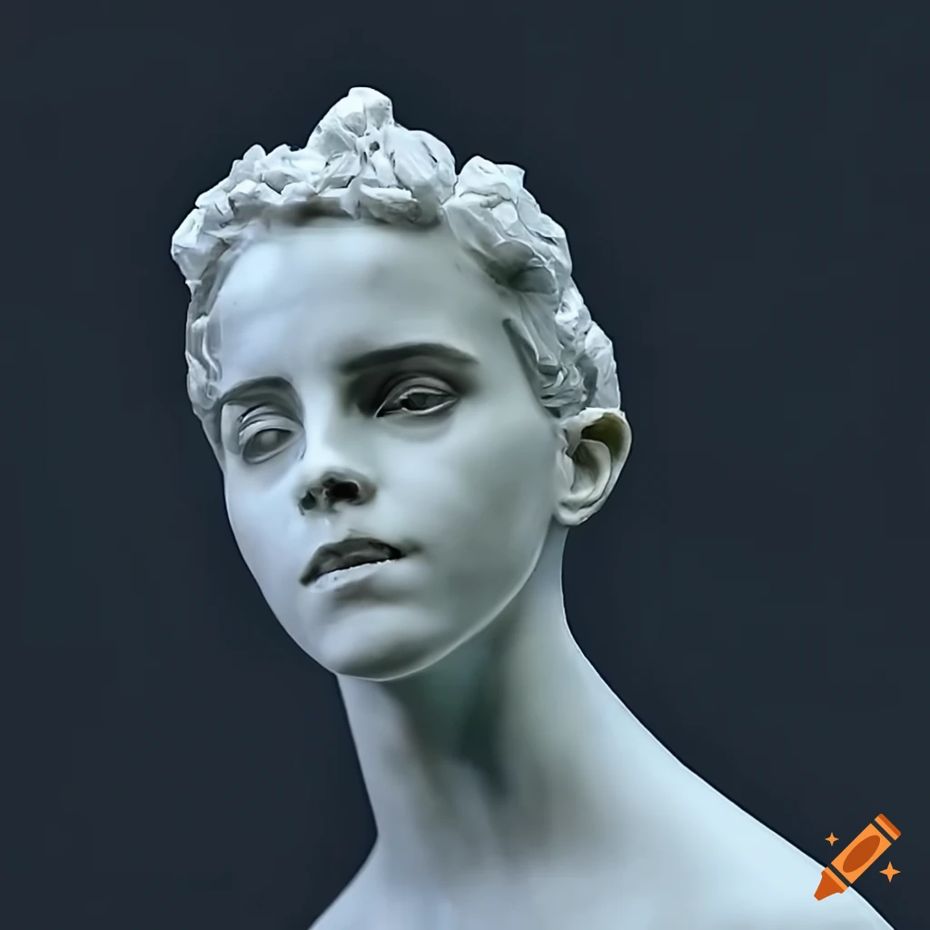 Expressive white marble sculpture of emma watson with transparent iris eyes