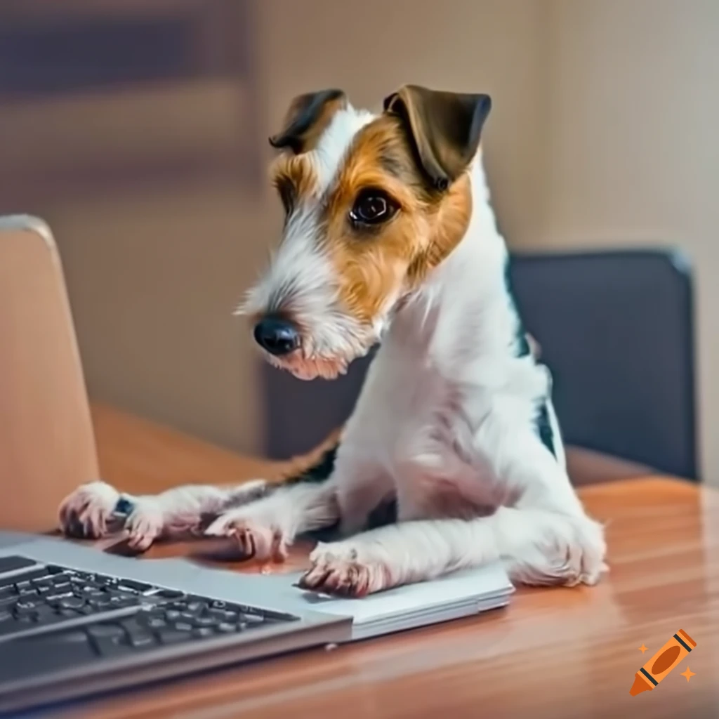Fox terrier typing on a computer