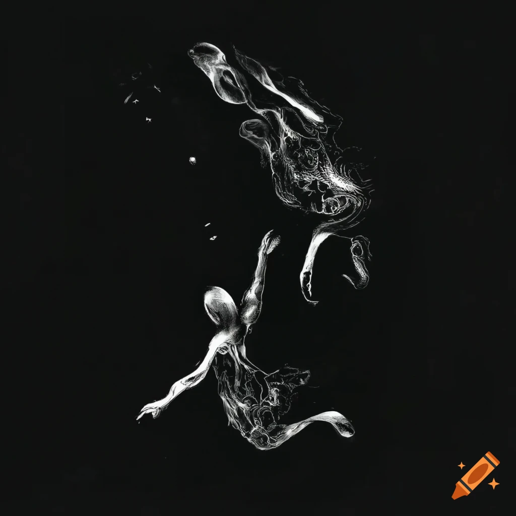 Drawing of two figures falling into the deep from above