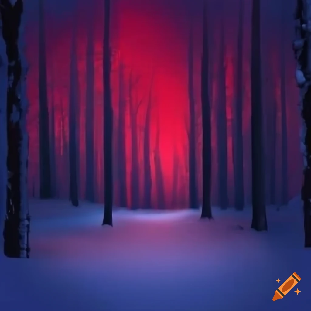 Snowy forest with shining red light in a realistic setting