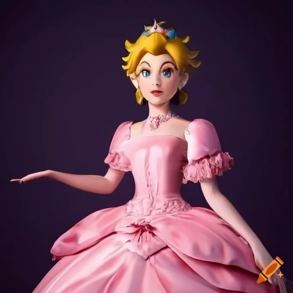 Close-up of Princess Peach dressed Link in a pink silk ballgown on Craiyon