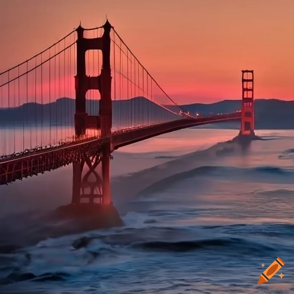 Melting golden gate bridge illuminated by the sun's rays