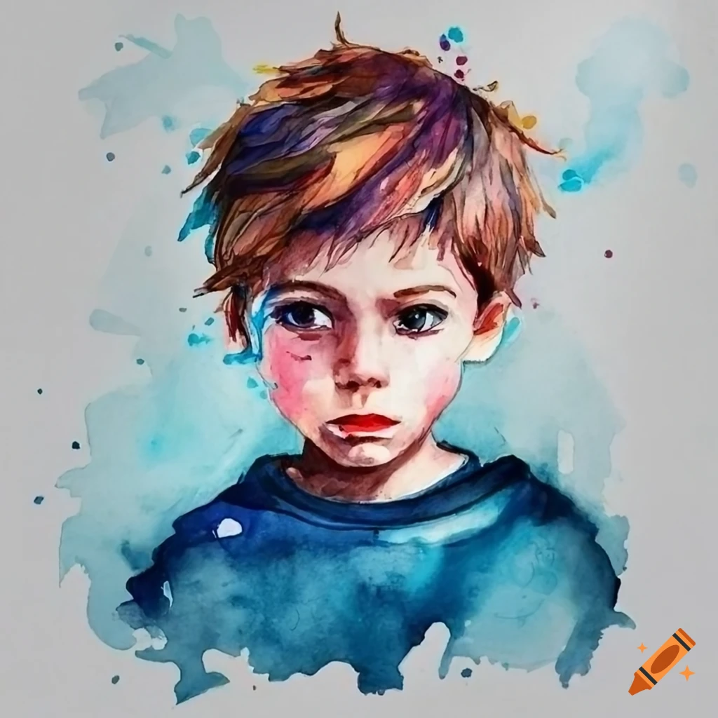 Serious boy in a watercolor painting on Craiyon