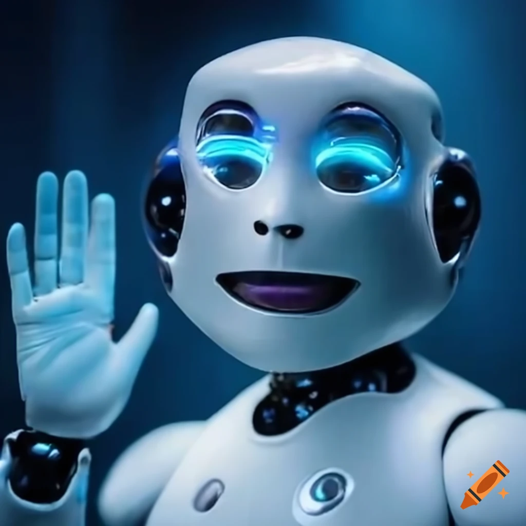 Friendly robot winking and waving goodbye to its human friend on Craiyon