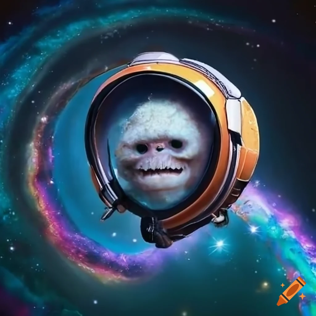 Yeti in a space suit floating in front of a colorful spiral galaxy on ...