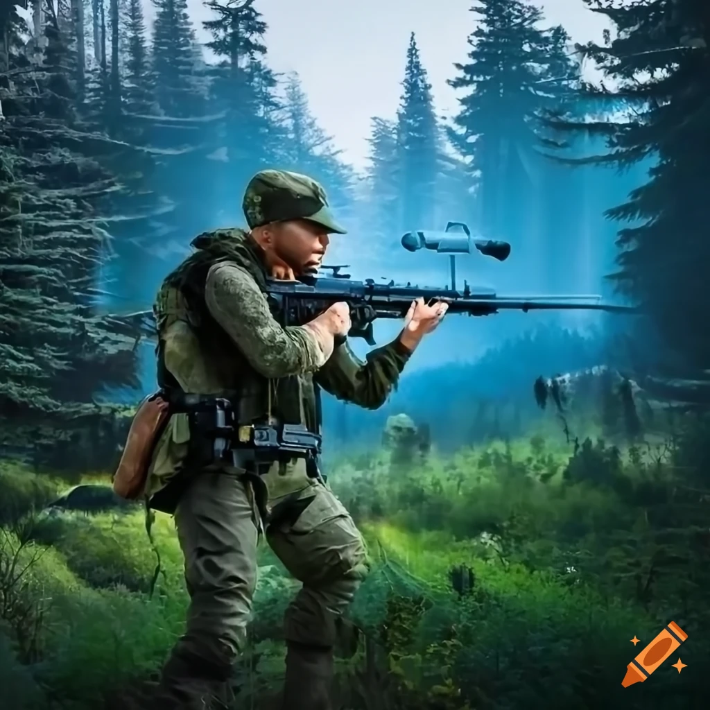 Professional hunter aiming with a sniper rifle in a forest on Craiyon