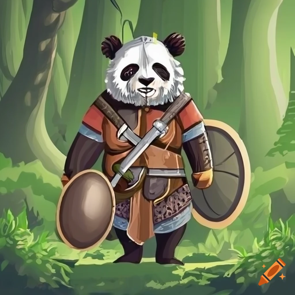 Viking panda with a sword, helmet and shield in a forest on Craiyon