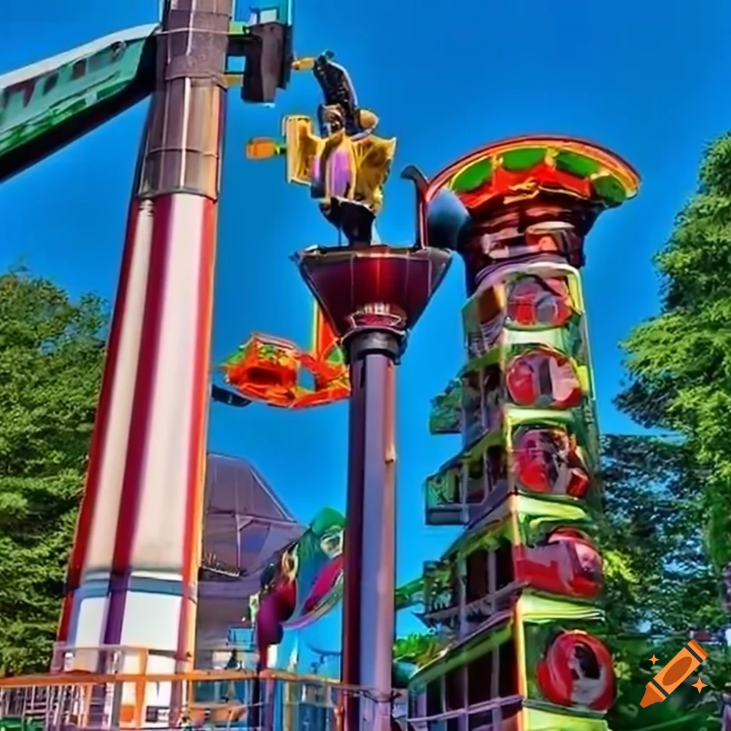 Amusement park with cell theme featuring food area, drop tower ride ...