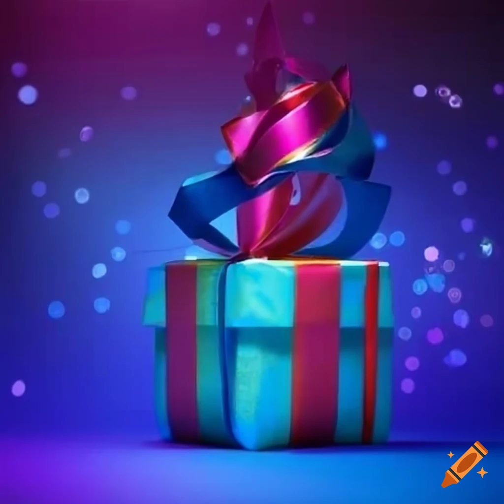 Bright multi-colored magical gift with shiny background on Craiyon