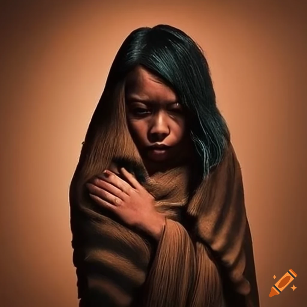 Native woman wrapped in hide blanket with a depressive tone