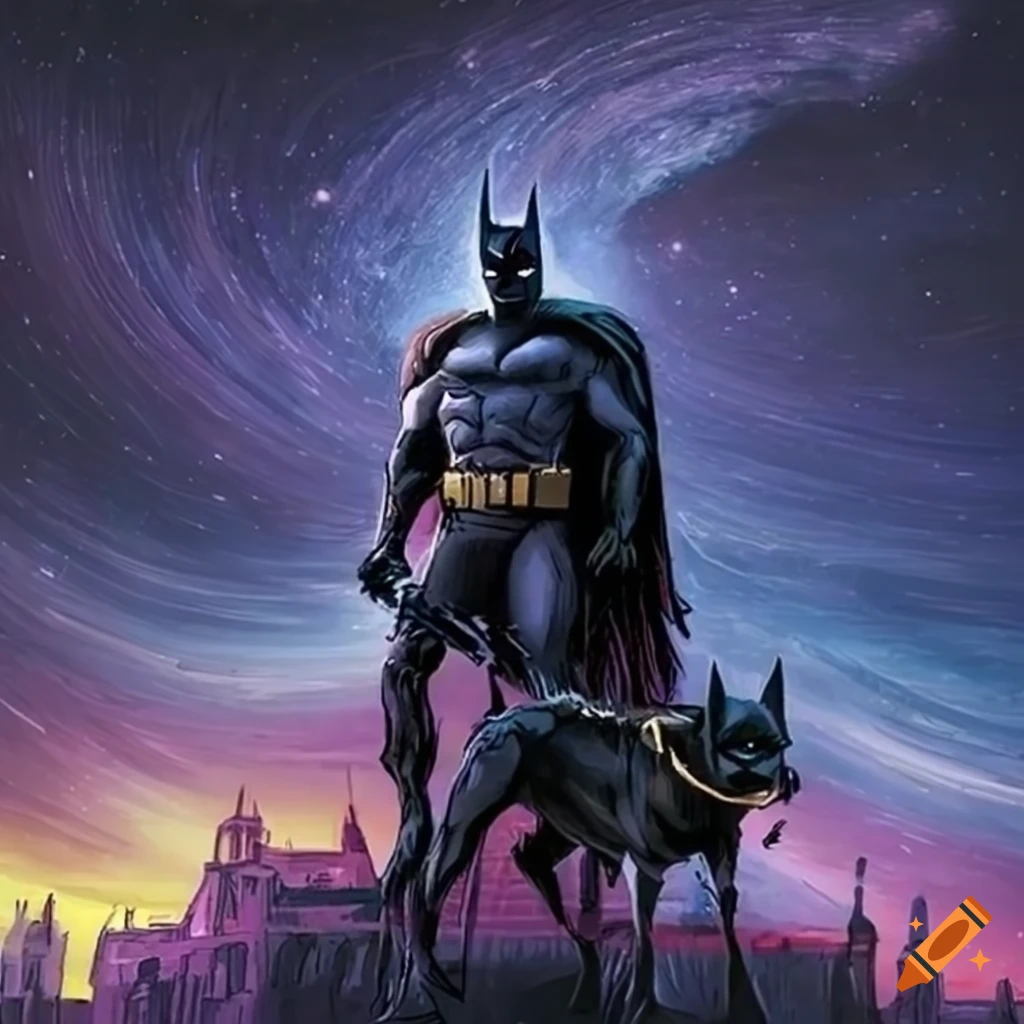 Batman and his canine counterpart battling under the starry night sky ...
