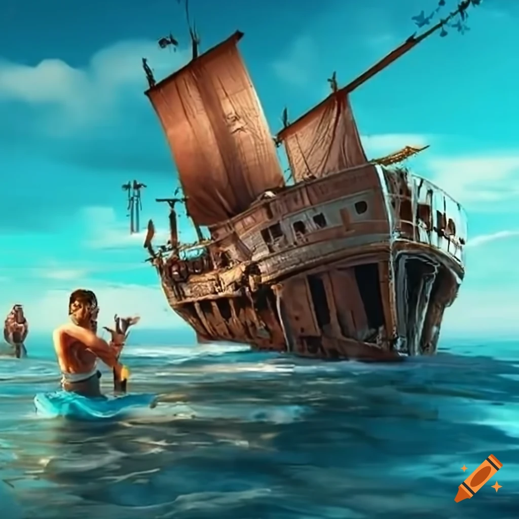 Scene from a shipwrecked story with characters on an island