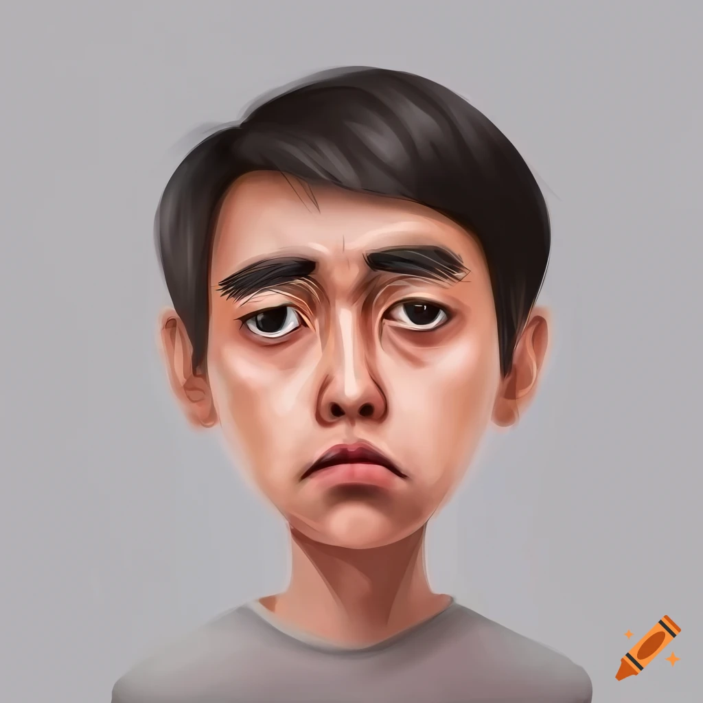 Portrait of young asian man with sad expression in realistic cartoon ...