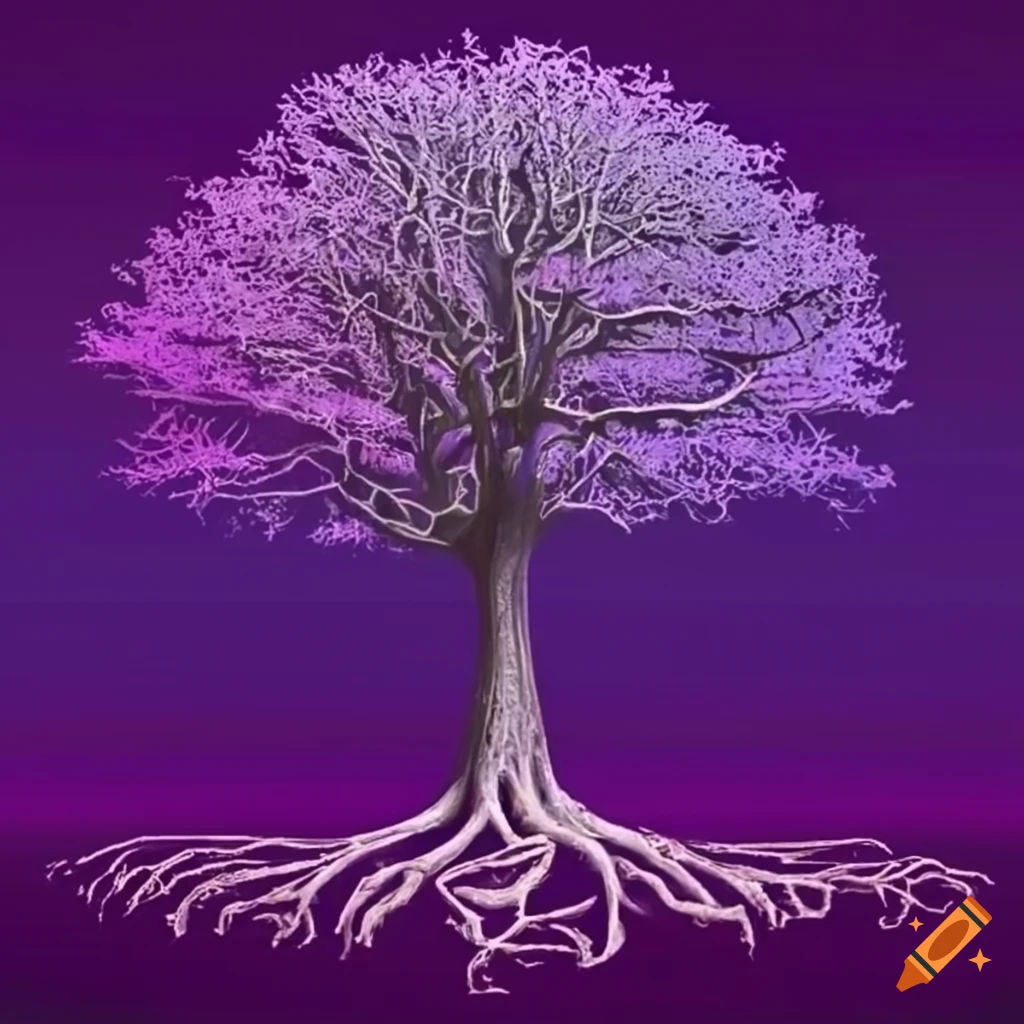 Graphic tree with extensive purple roots on Craiyon