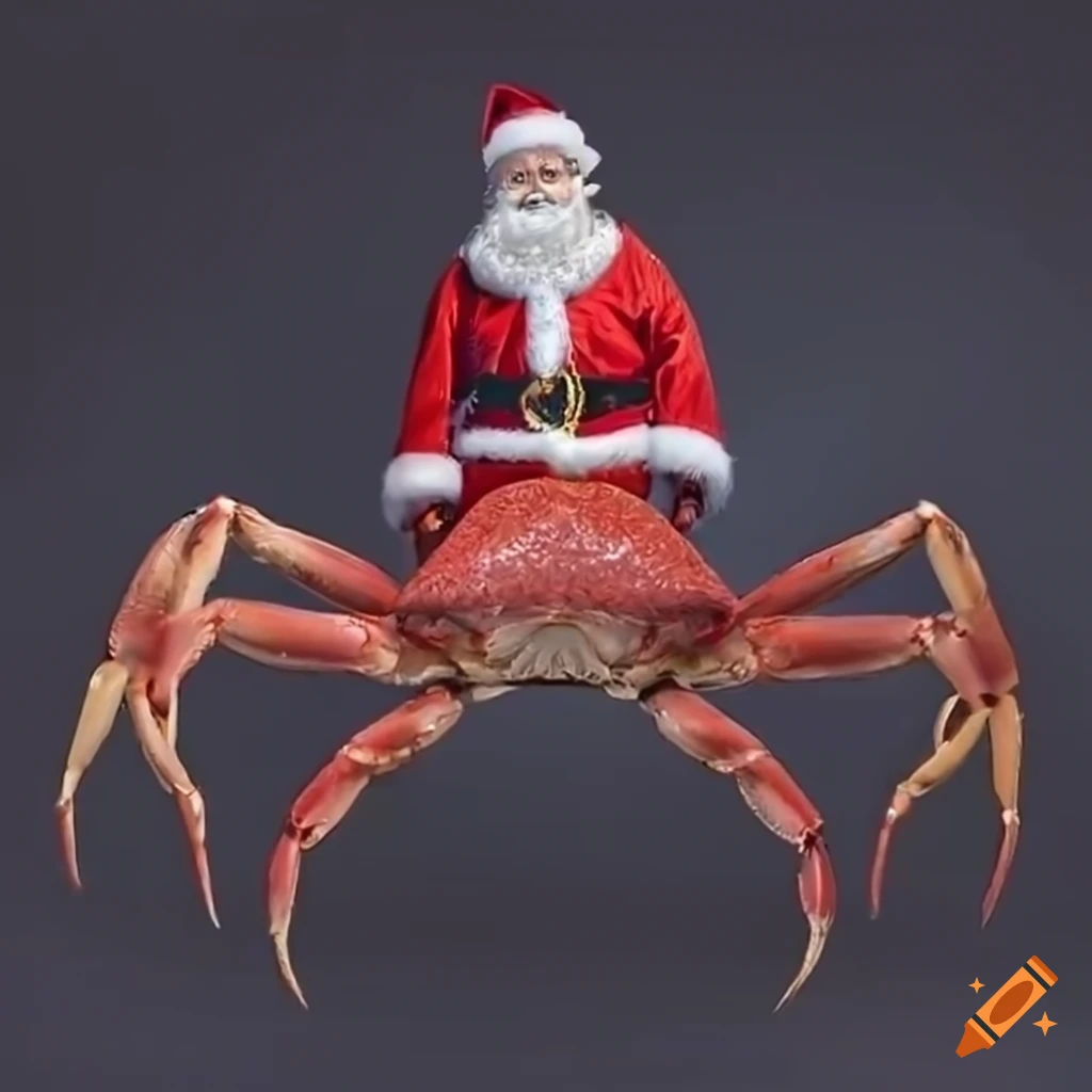Santa riding a giant crab through the snowy sky on Christmas Eve on Craiyon