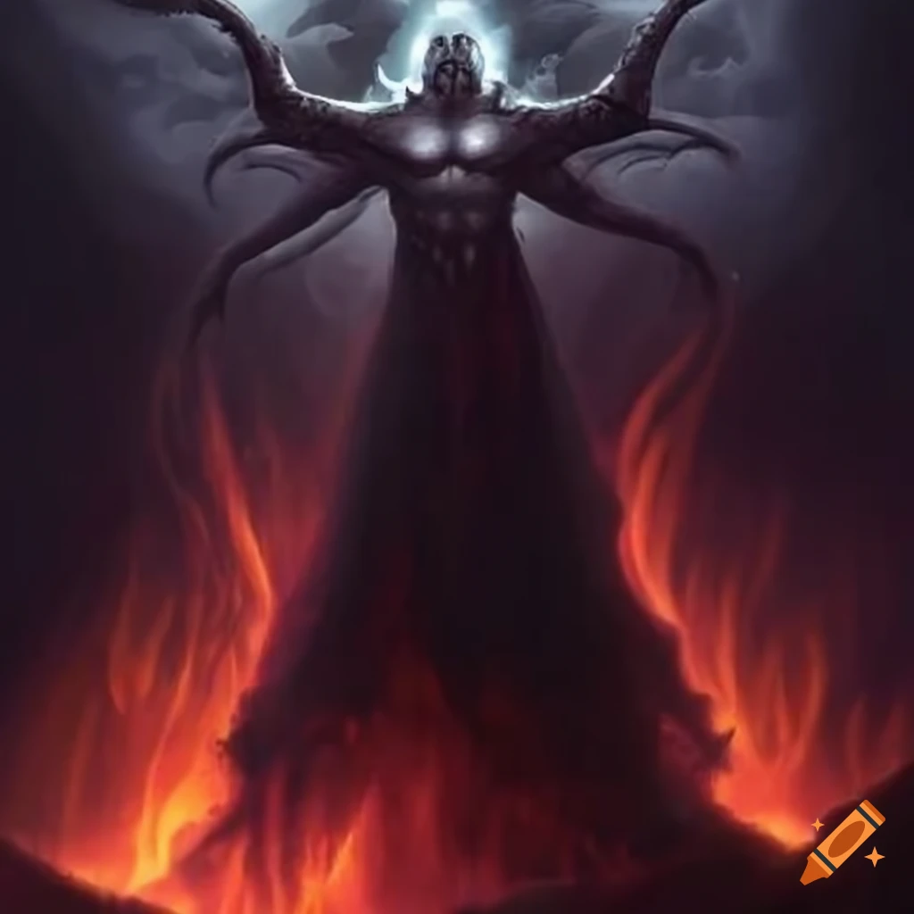 Dark lord resembling a mountain wading in the sea with head above the ...
