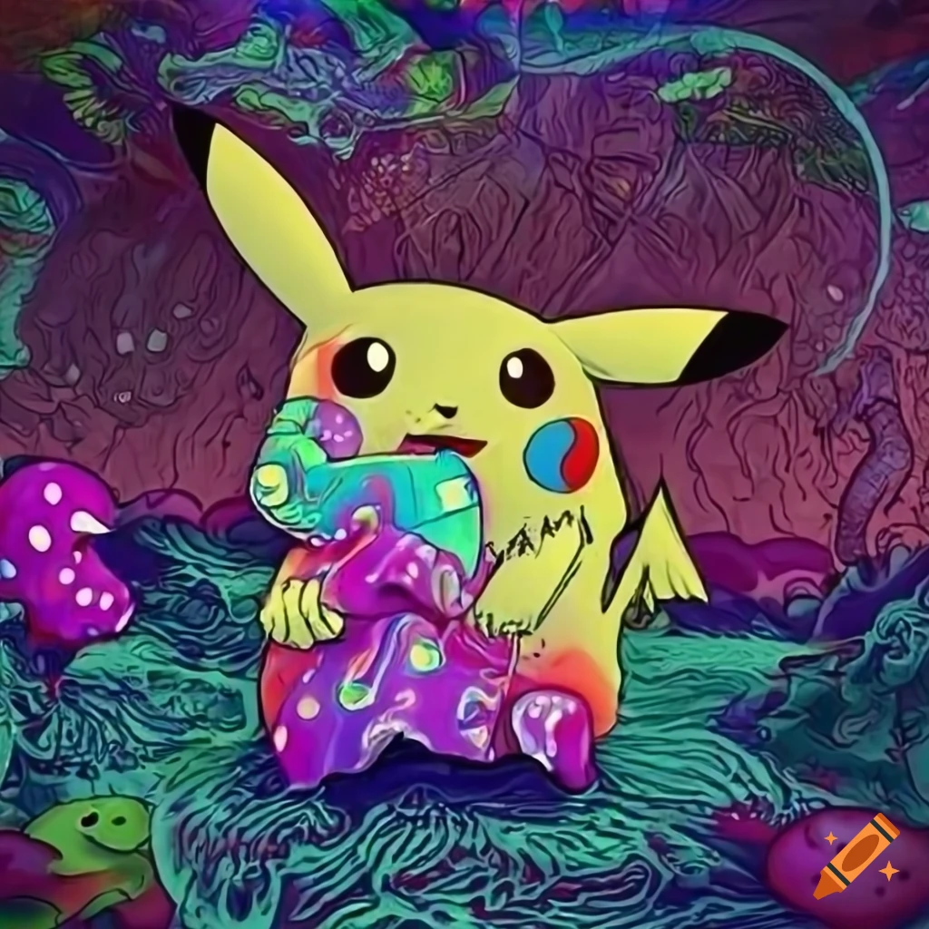 Psychedelic pikachu with mushrooms in a colorful artwork