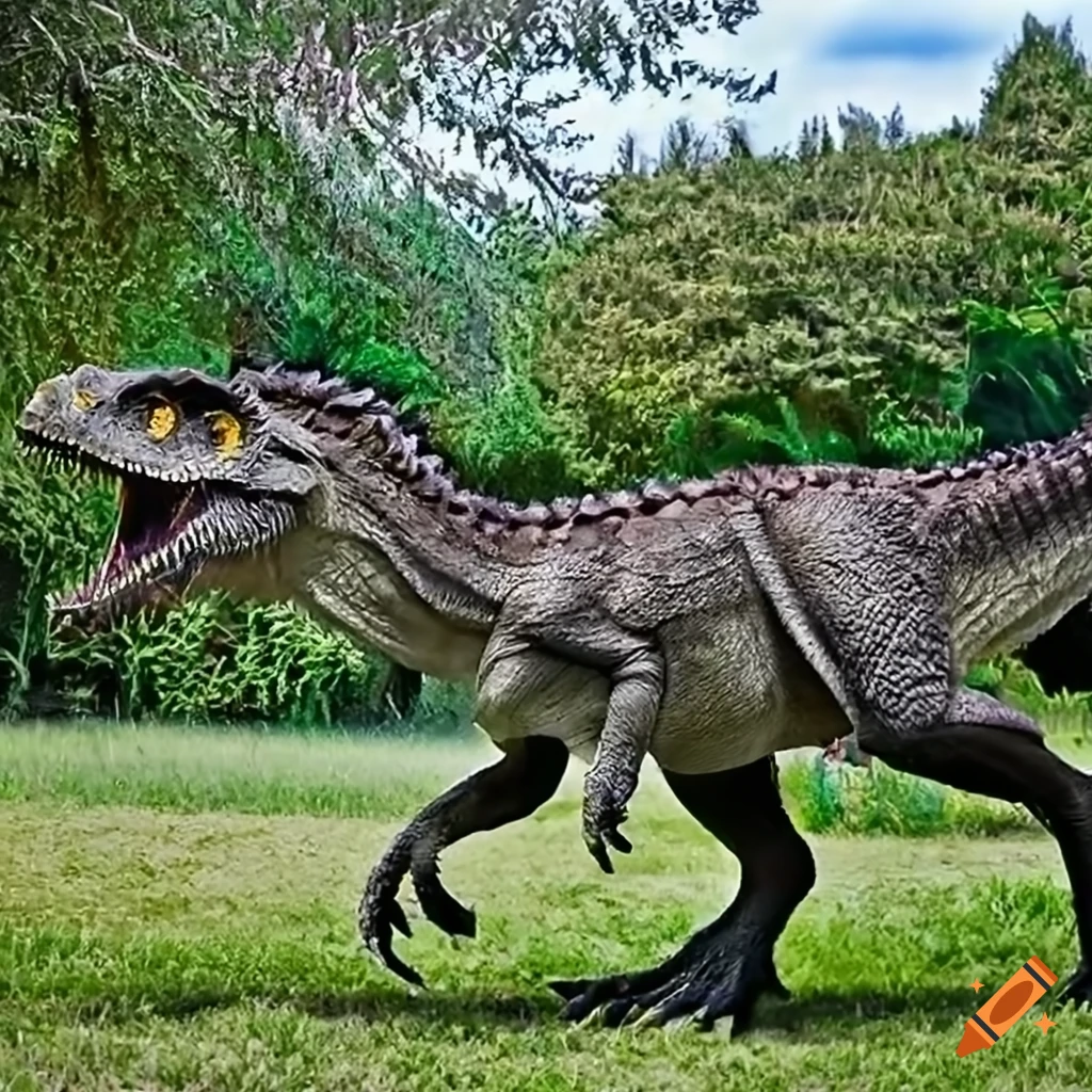 Vibrant full body shot of Indoraptor and Indominus Rex hybrid in forest ...