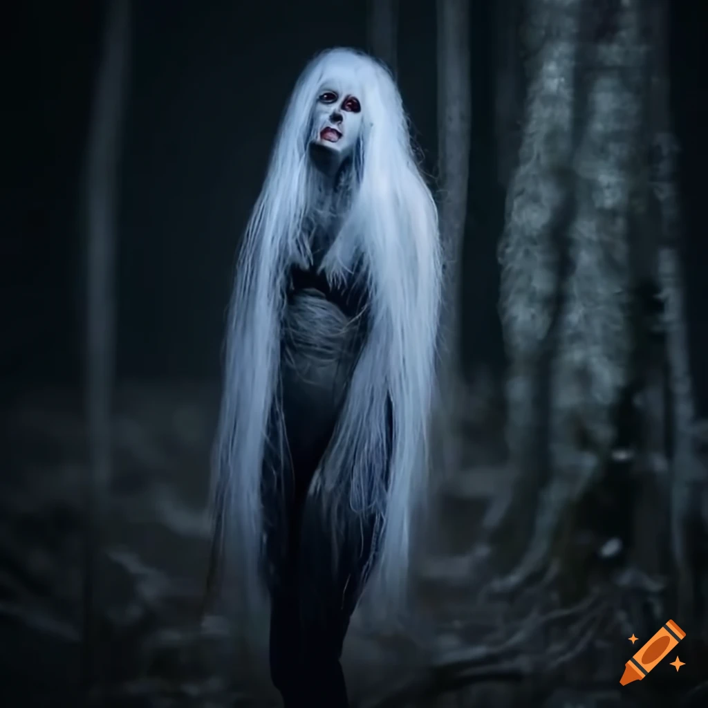 Tall scary skinny female monster in a snowy forest at night on Craiyon