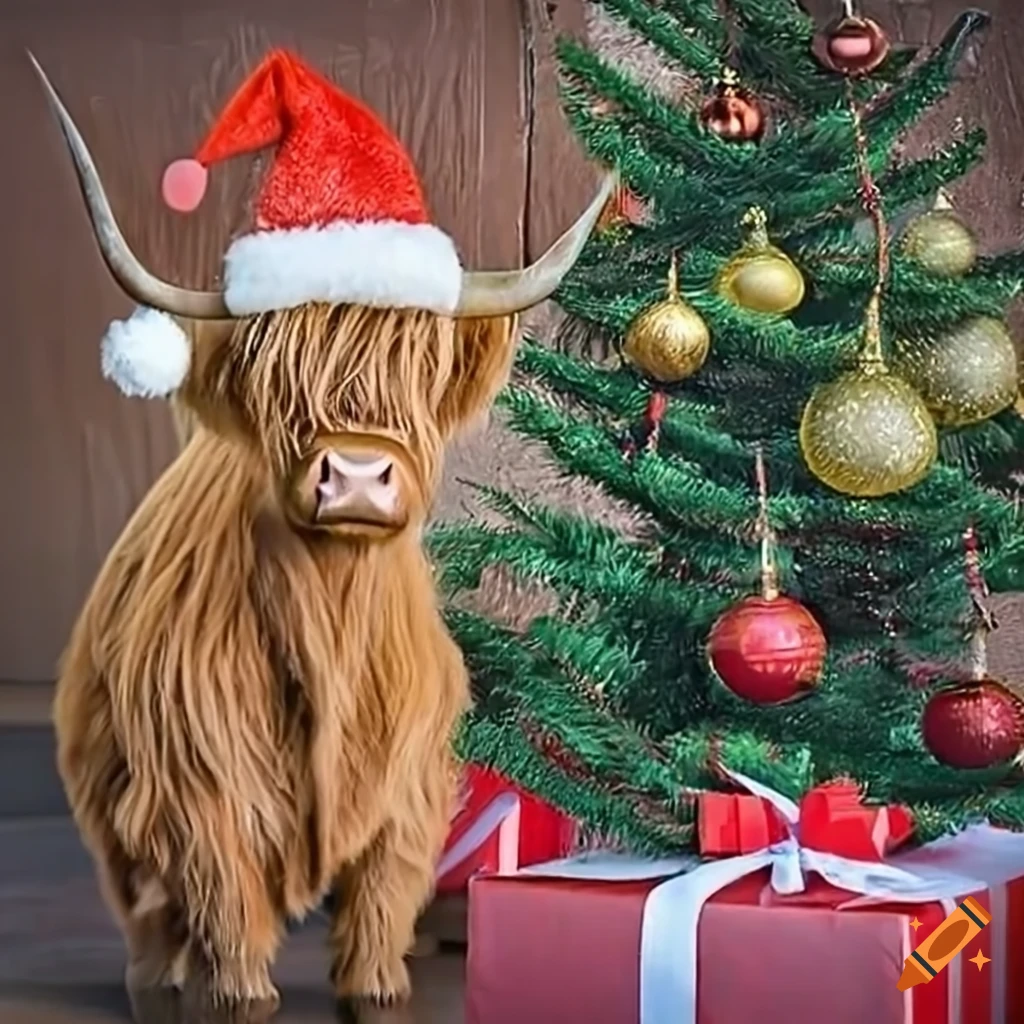 Highland cow with Christmas hat near a Christmas tree and gifts on Craiyon