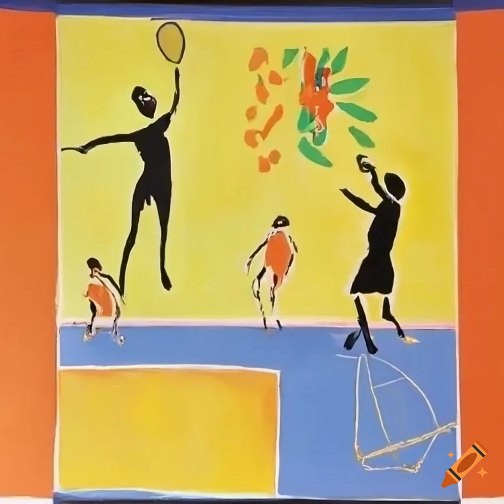 Extra large space playing badminton in the style of henri matisse