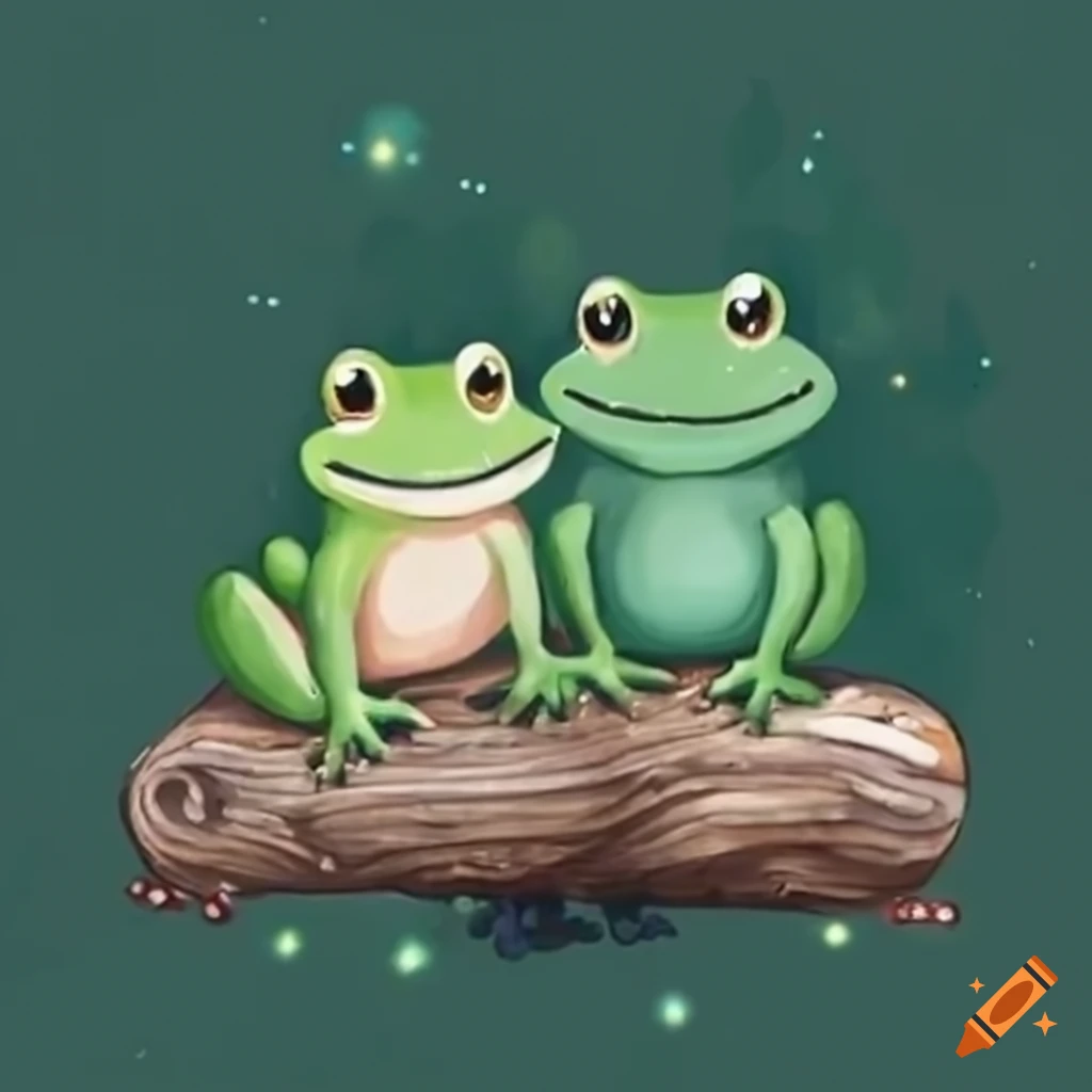 Two cute frogs on a log in an enchanted forest