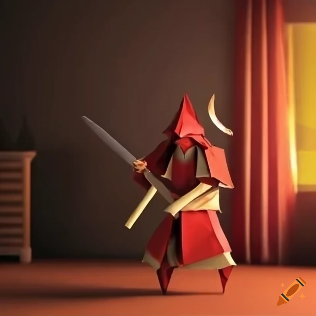 Paper origami samurai in a room