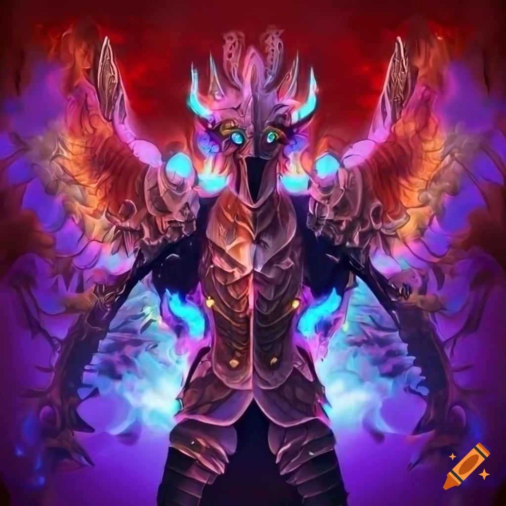 Elaborate dragon armor with metallic wings surrounded by purple and ...