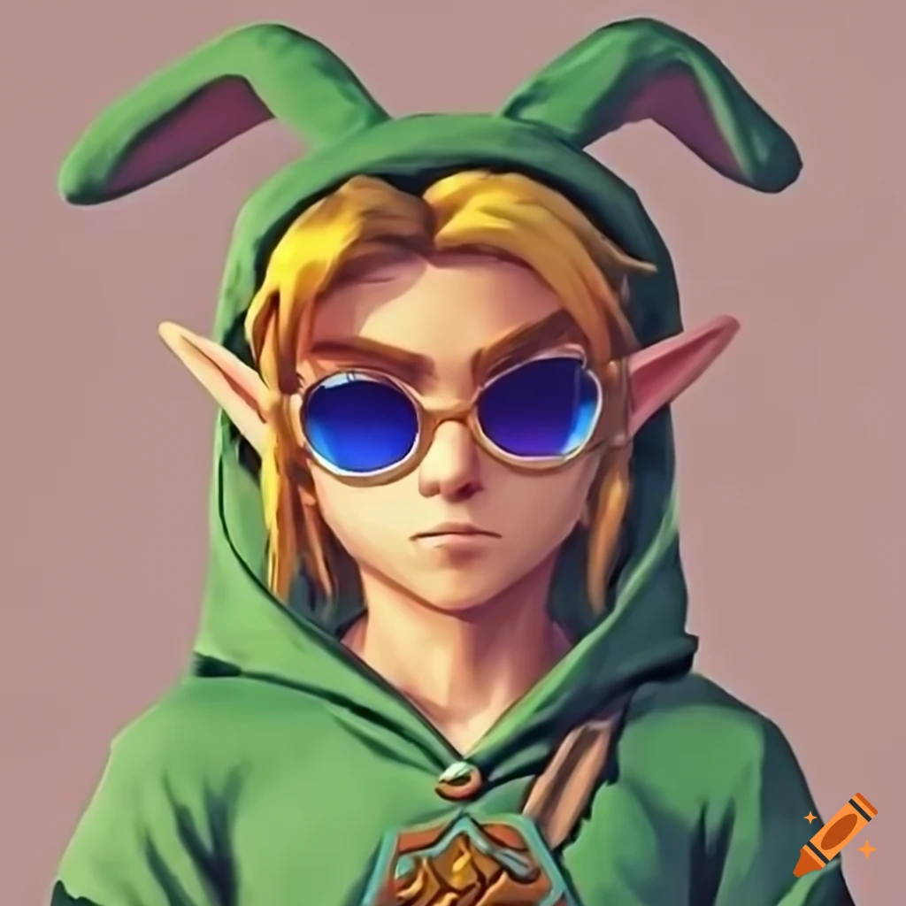 Link from the legend of zelda wearing bunny hood and aviator sunglasses