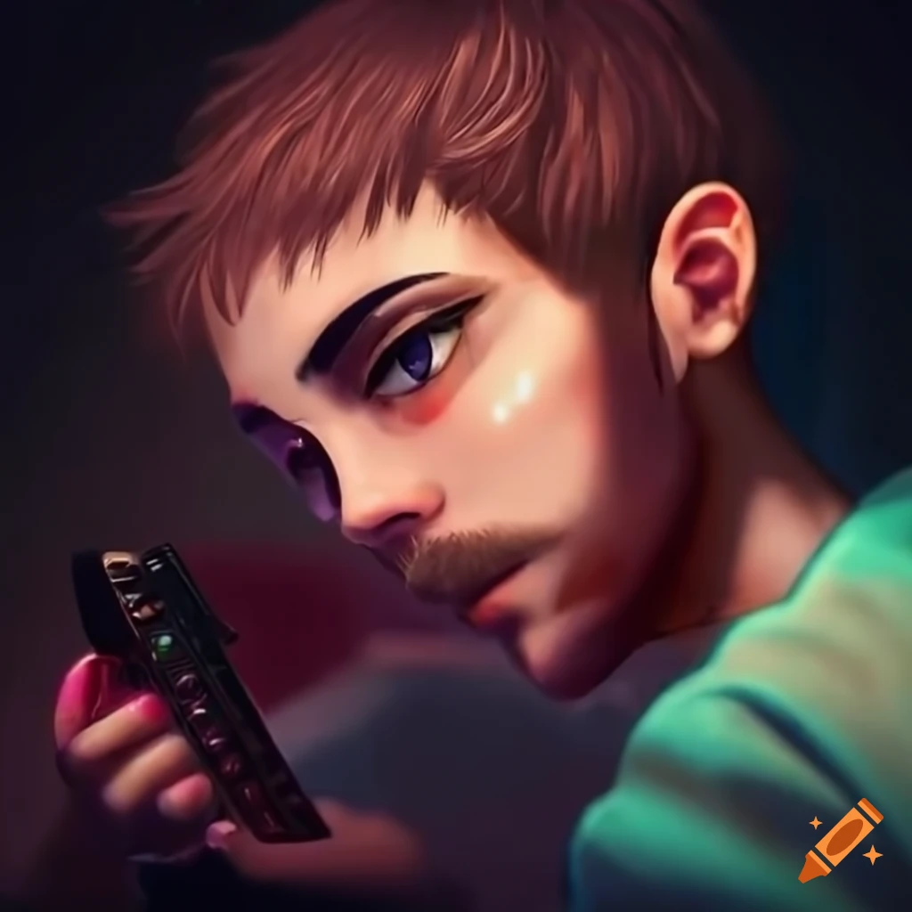 Short-haired bearded streamer playing on a console