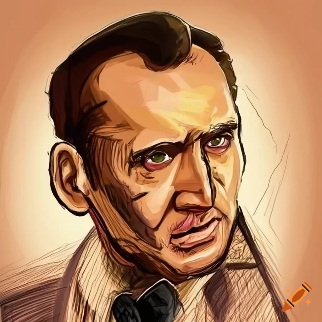 Intense portrait of nicolas cage in a courtroom sketch style