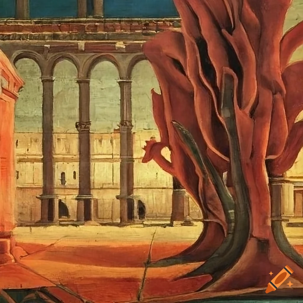 Closeup painting of an Italian derelict piazza with coral vegetal pods ...