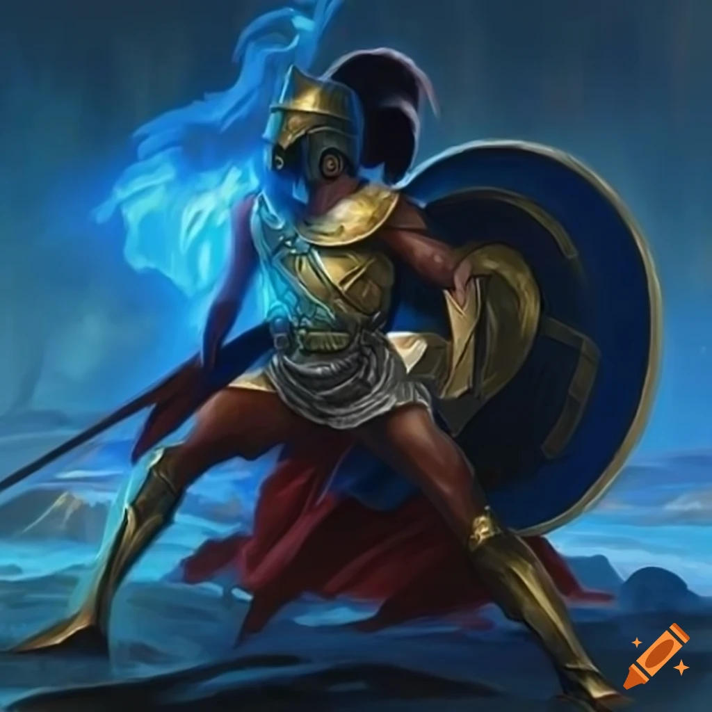 Greek hoplite in blue attire from mtg fantasy art