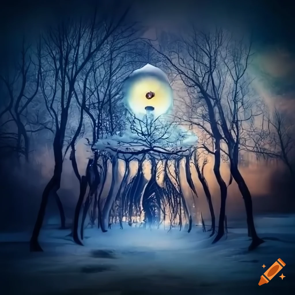 Surreal park with strange creatures, surrealistic trees, and eye-shaped ...