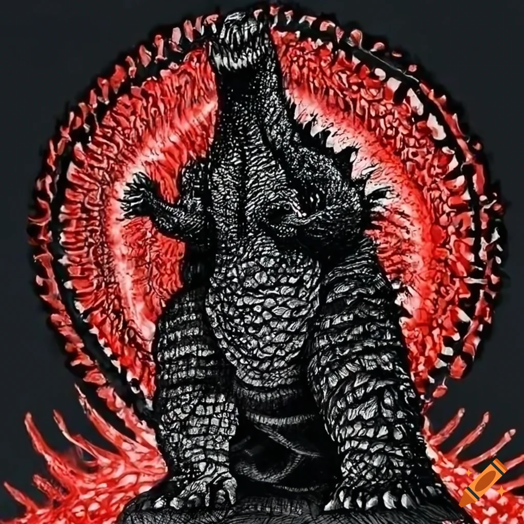 Black and red ink drawing of shin godzilla spirograph